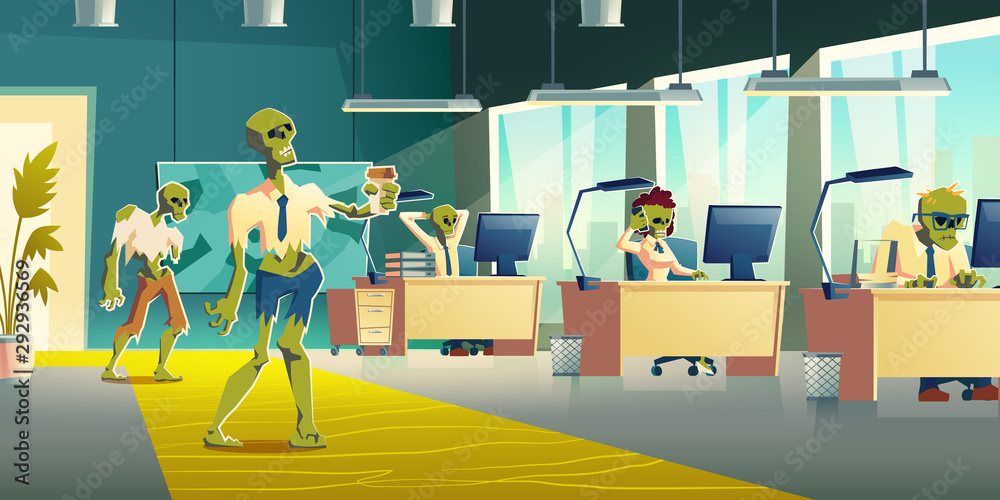 Exhausting office work concept. Female, male zombie characters in ...