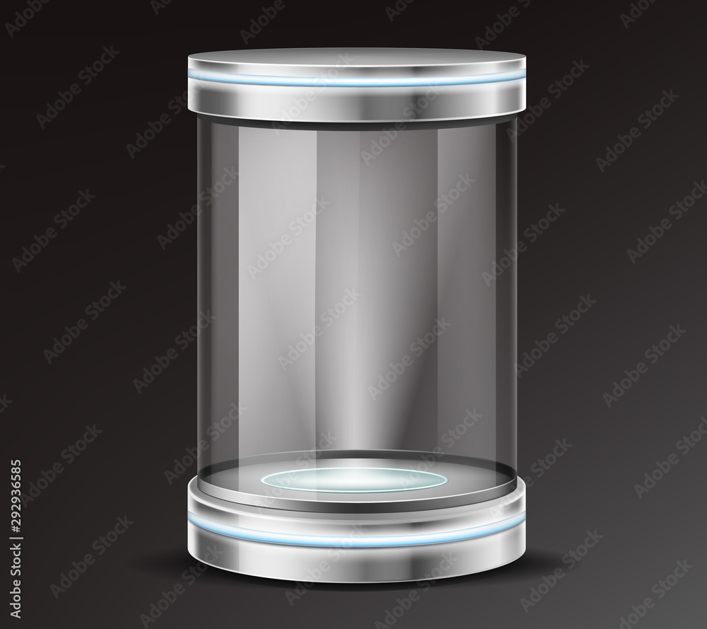 Empty glass cylinder capsule, transparent round showcase with neon ...