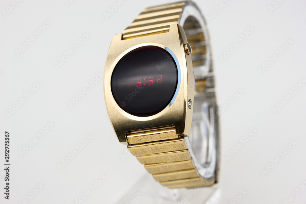 Foto de Stock LED gold digital watch vintage retro wristwatch with red ...