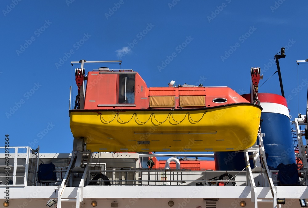 Picture of a rescue boat on board a cruise ship. Mandatory safety ...