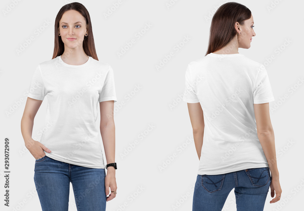 Front back view of female model wearing white crew neck plain t shirt ...