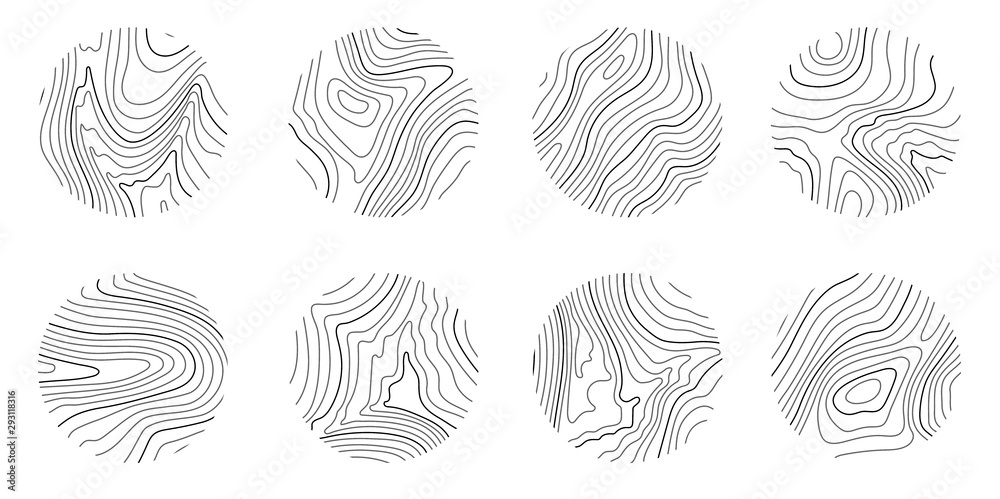 Set rings of topographic line map, circular geographic grid map Stock ...