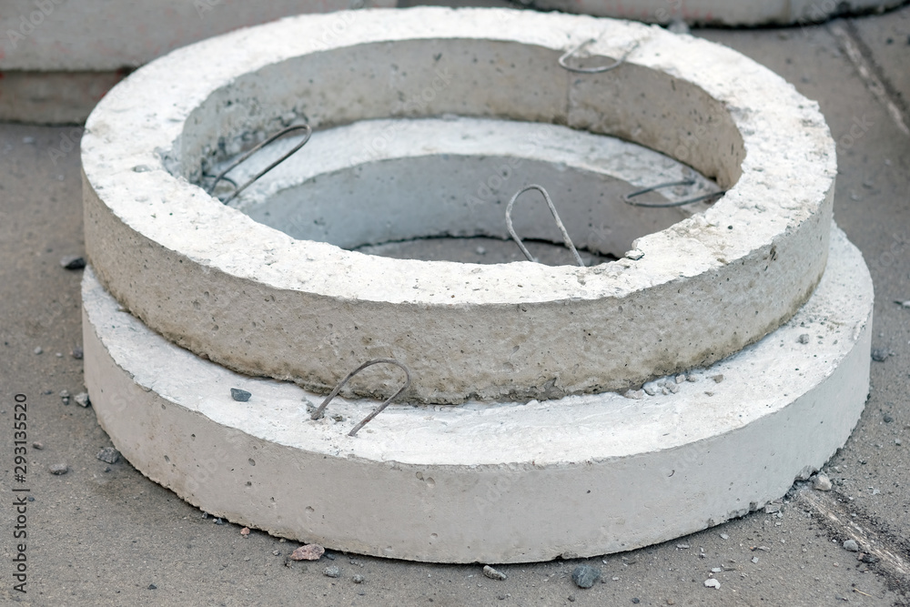 Supporting reinforced concrete rings for sewer wells, closeup ...