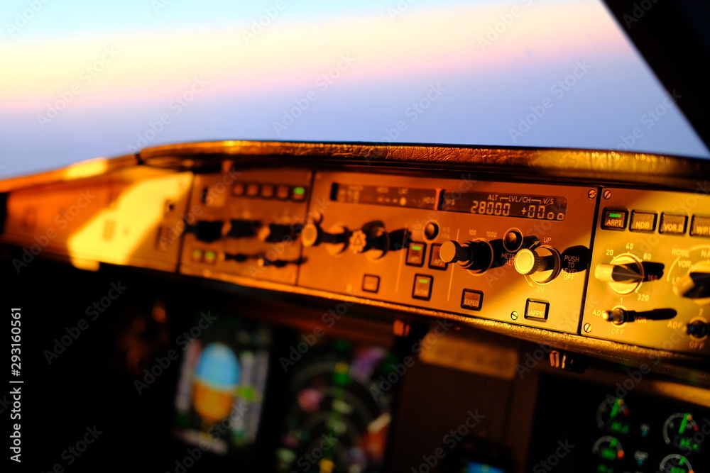 Airbus A320 flight deck and cockpit during flight. Overhead panel ...