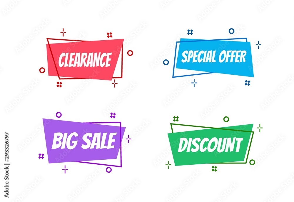 Flat linear promotion ribbon banner, scroll, price tag, sticker, badge ...