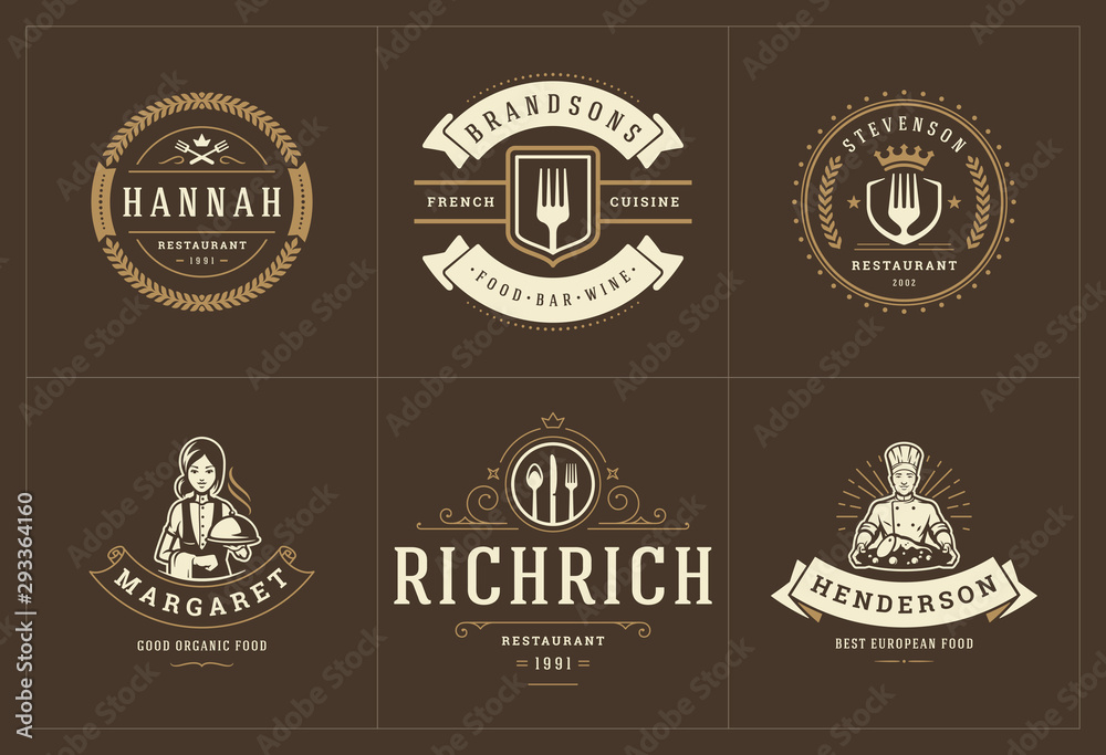 Restaurant logos templates set vector illustration good for menu labels ...