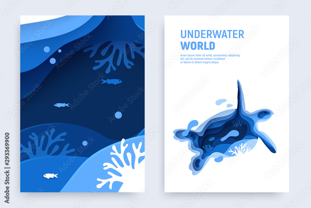 Underwater ocean paper art banner set. Paper cut underwater banner set ...