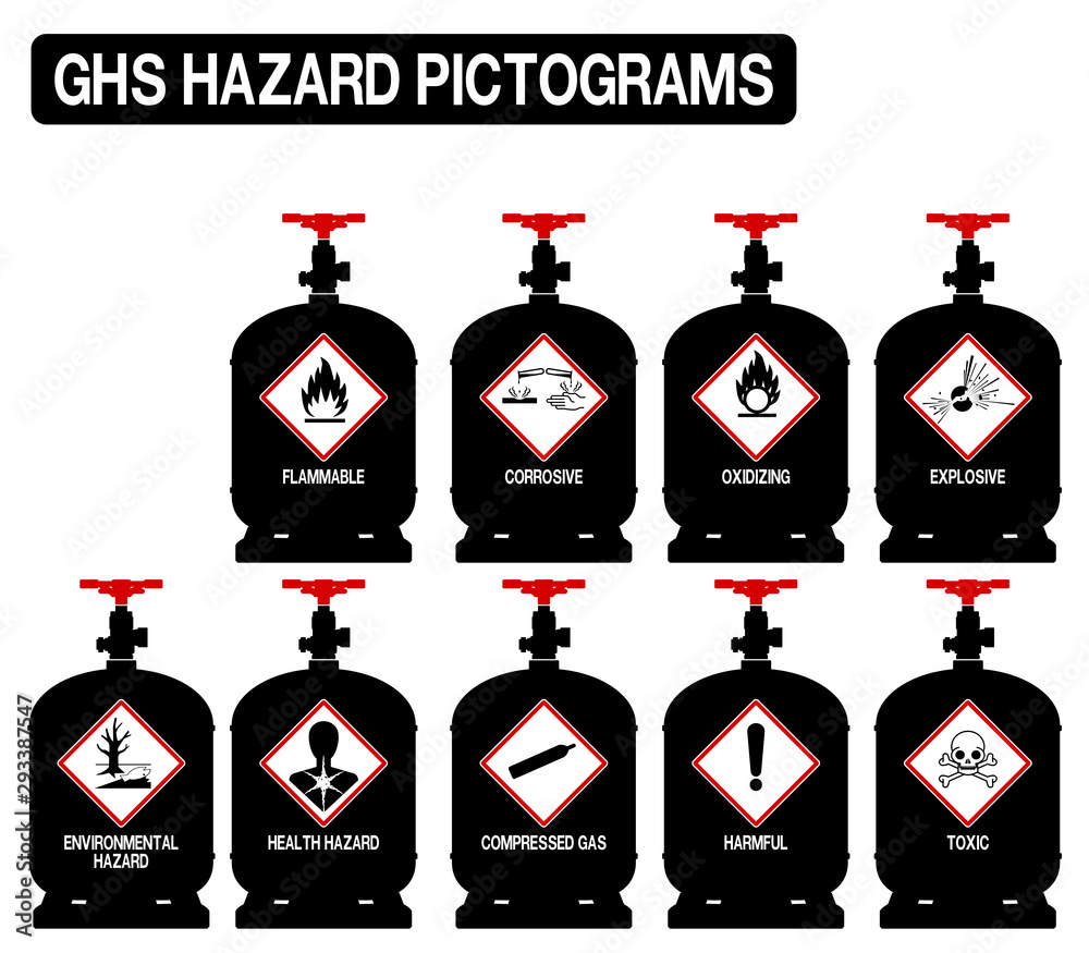 Set of gas cylinder with GHS pictograms icon on transparent background ...