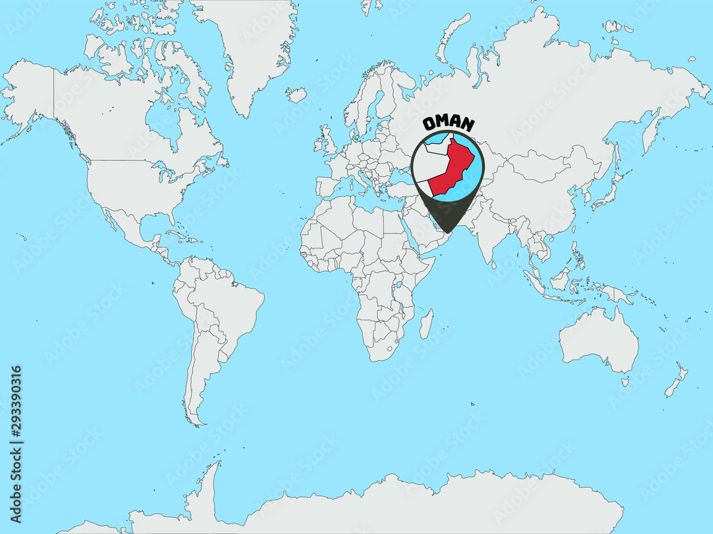 Oman Silhouette on Global world map with all continents europe, africa ...