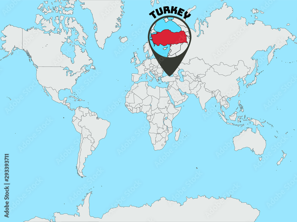 Turkey Silhouette on Global world map with all continents europe ...