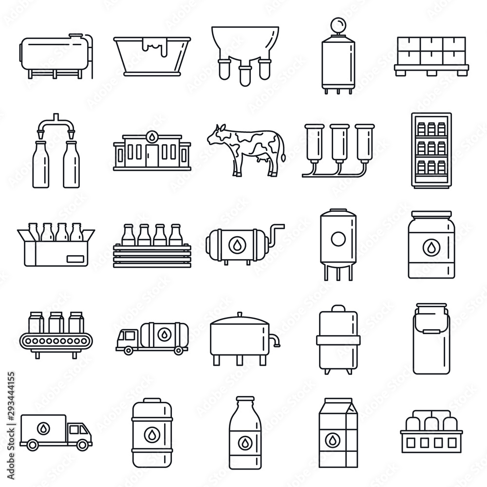 Industry milk factory icons set. Outline set of industry milk factory ...