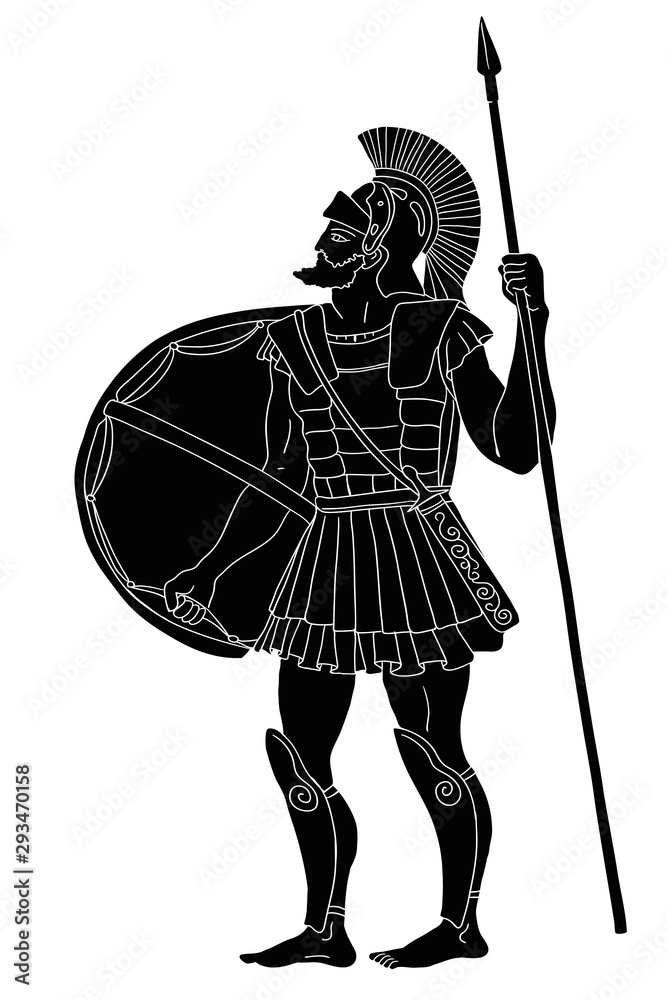 Ancient Greek warrior with a spear and shield in his hands is ready to ...