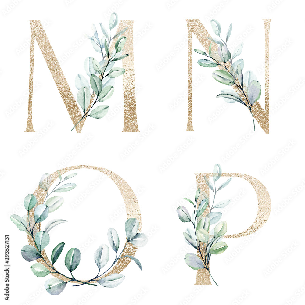 Floral gold alphabet, set letters with watercolor leaf eucalyptus ...