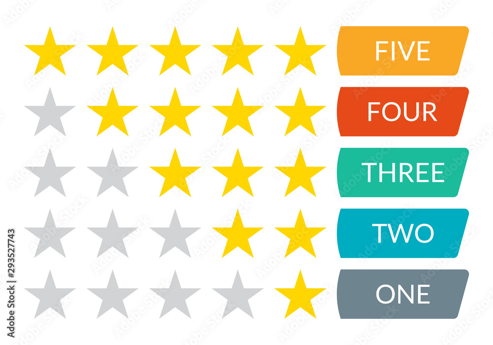 Star rating icons. 5 stars in the row for review, classification ...