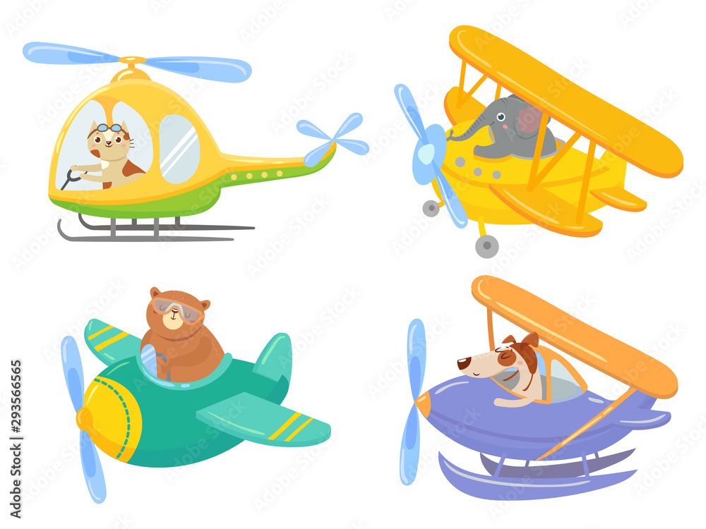 Cute animals on air transport. Animal pilot, pet in helicopter and ...