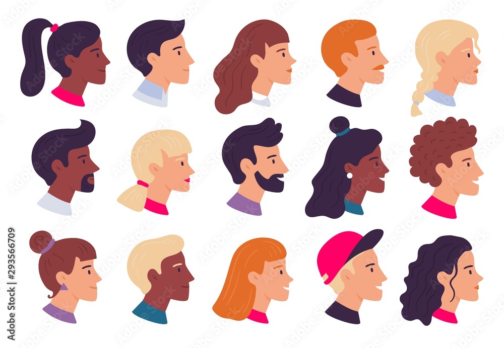 Profile people portraits. Male and female face profiles avatars, side ...