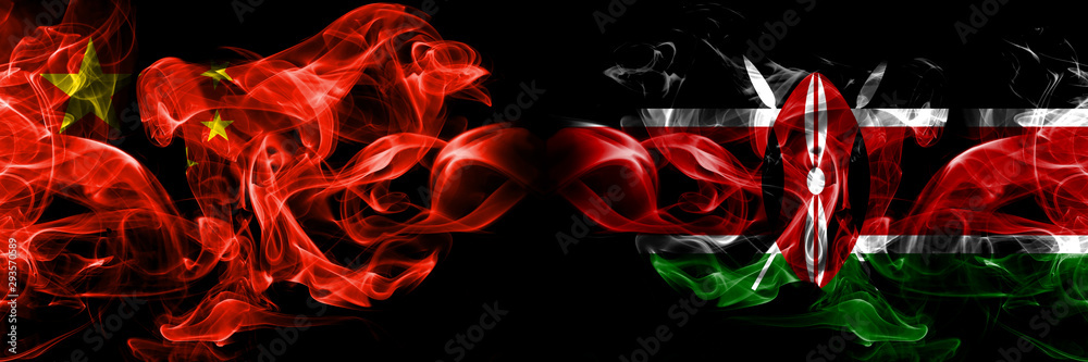 China vs Kenya, Kenyan smoke flags placed side by side. Thick colored ...