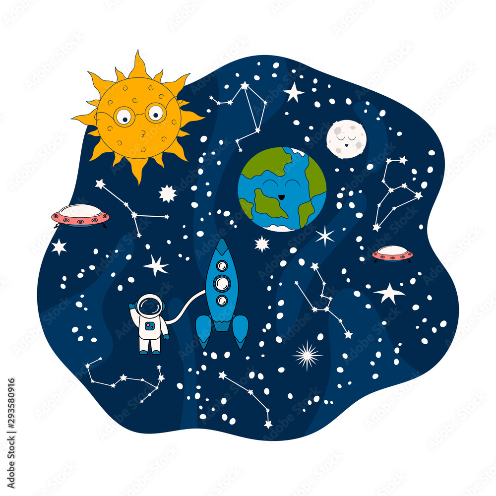 Space frame with cartoon spaceship and astronaut, earth, moon, sun and ...
