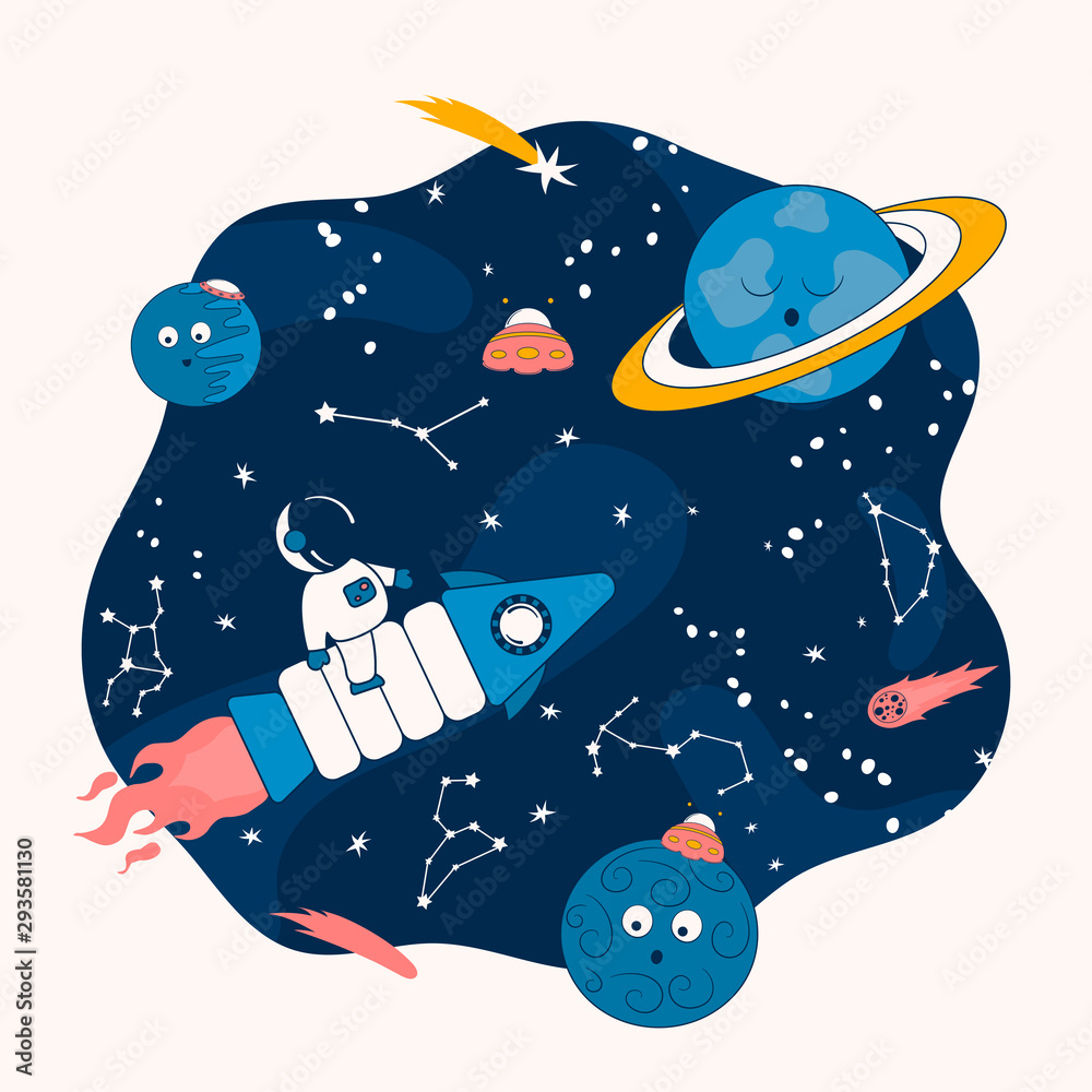 Cartoon space frame with spaceship and astronaut, alien ships, planets ...