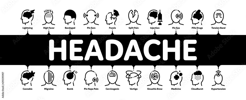 Headache Minimal Infographic Web Banner Vector. Tension And Cluster ...