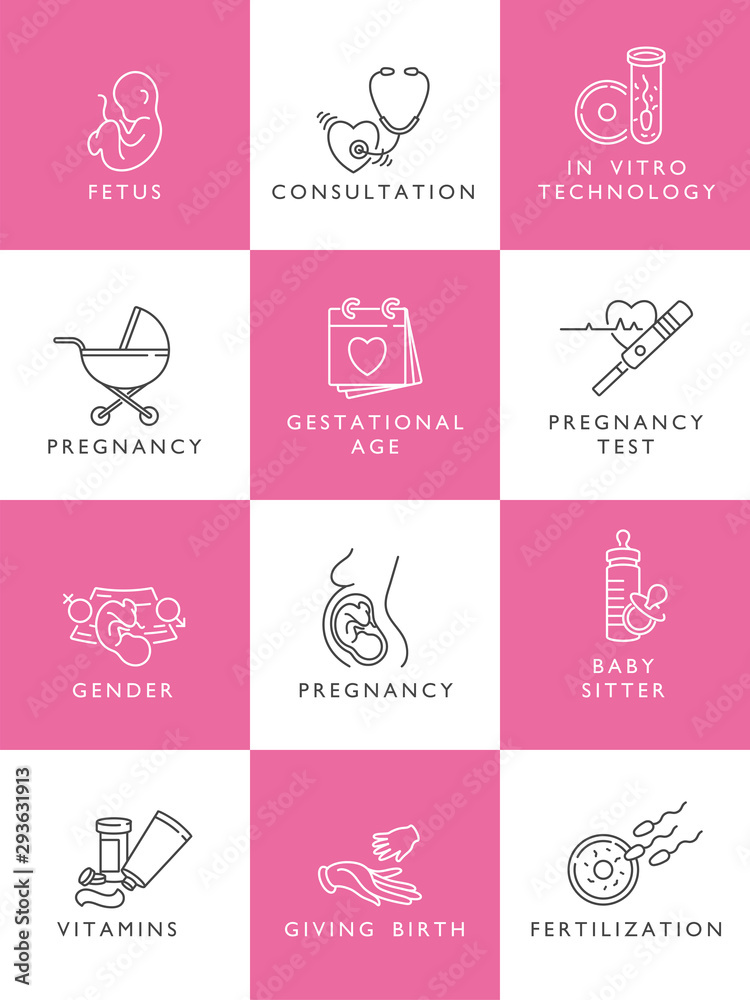 Vector set icons of obstetrics and pregnancy. Line flat contour, thin ...