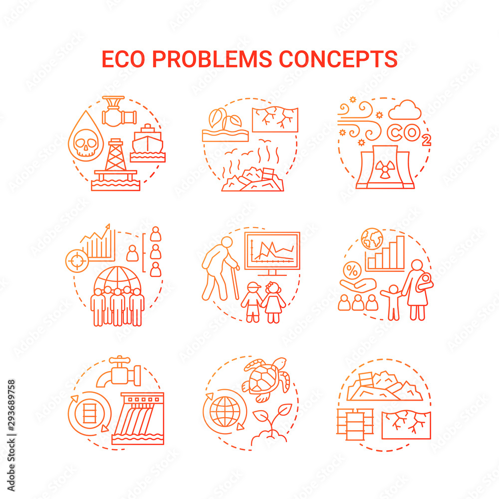 Eco problems concept icons set. Ecological disaster idea thin line ...