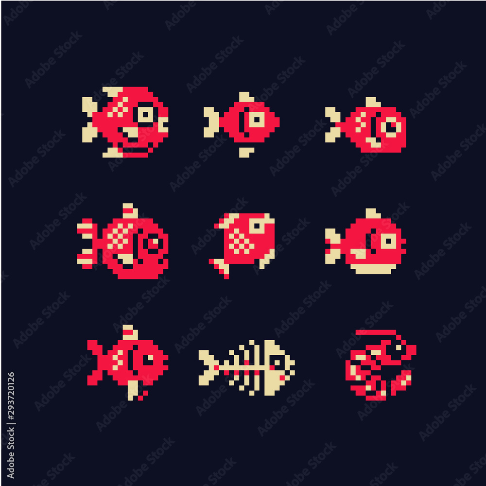 Fish pixel art icons set, design for logo, sticker, web, logo shop ...
