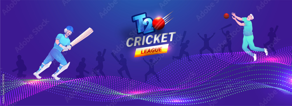 Cricket player in different pose on abstract purple background header ...
