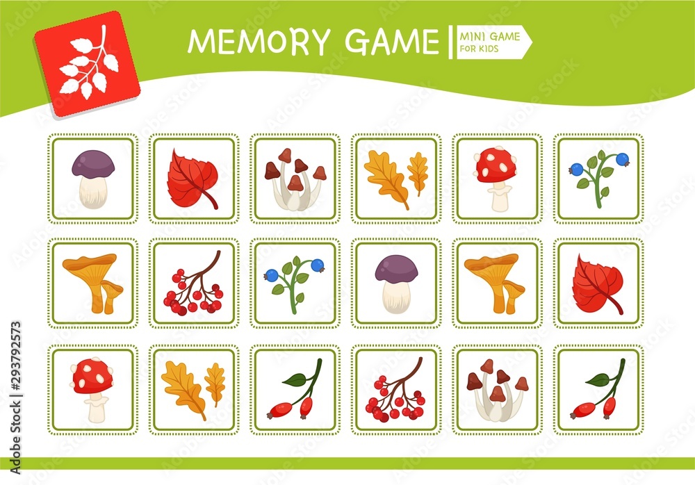 Memory game for preschool children, vector cards with nature elements. Find two identical ...