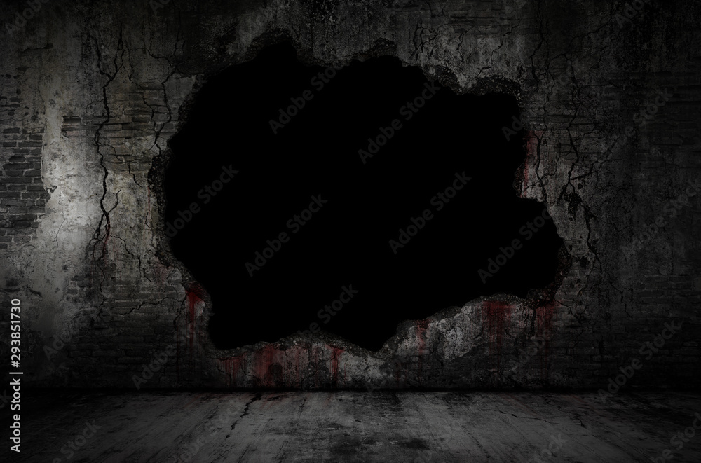 Bloody background scary on damaged grungy crack and broken concrete ...