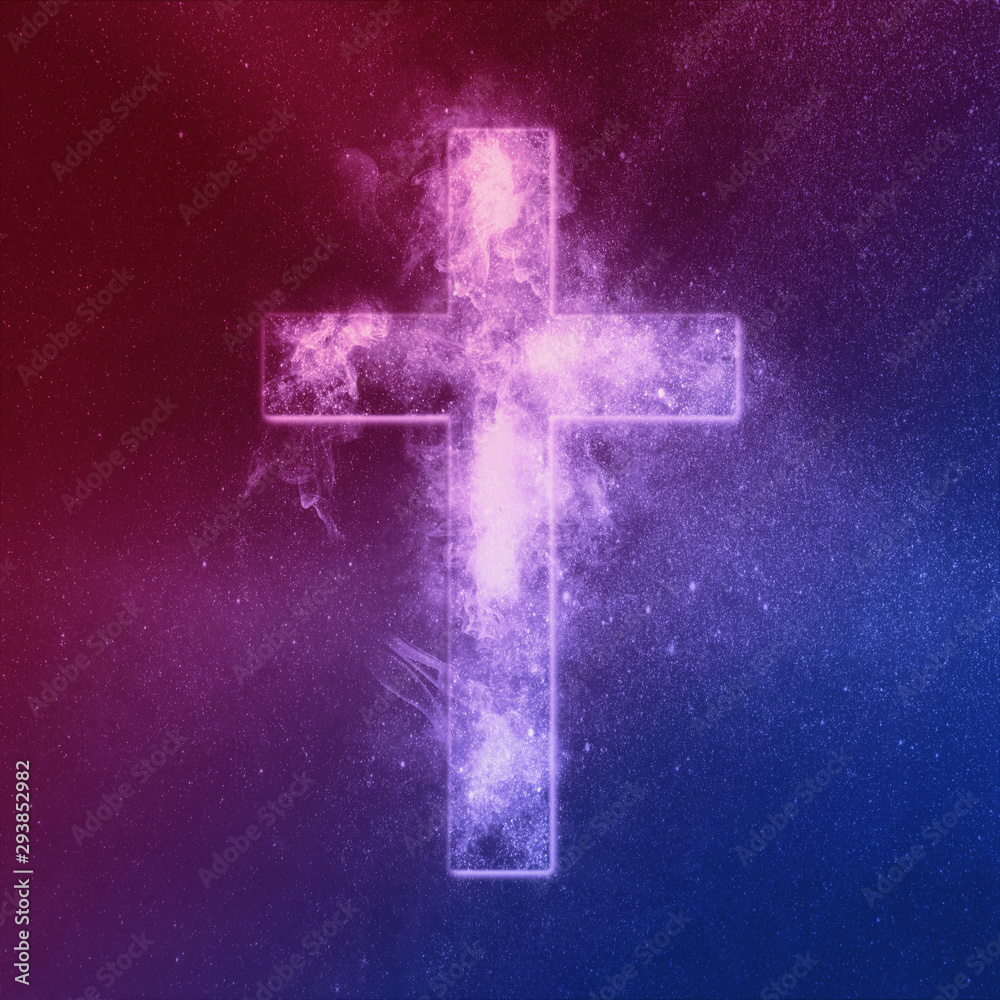Christian cross symbol Red Blue. Abstract night sky background. Stock ...
