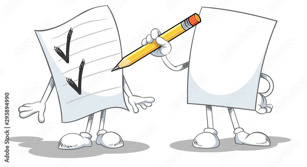 Cartoon blank paper character wrote check by pencil. Cartoon vector ...