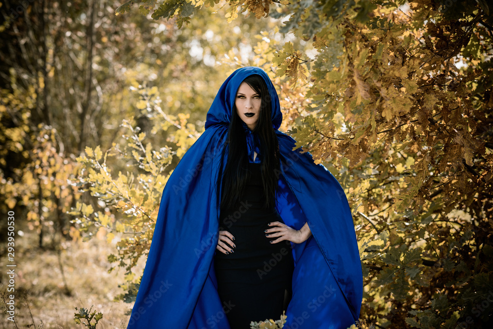 Halloween time, witchcraft, modern gothic girl in blue cloak celebrate ...