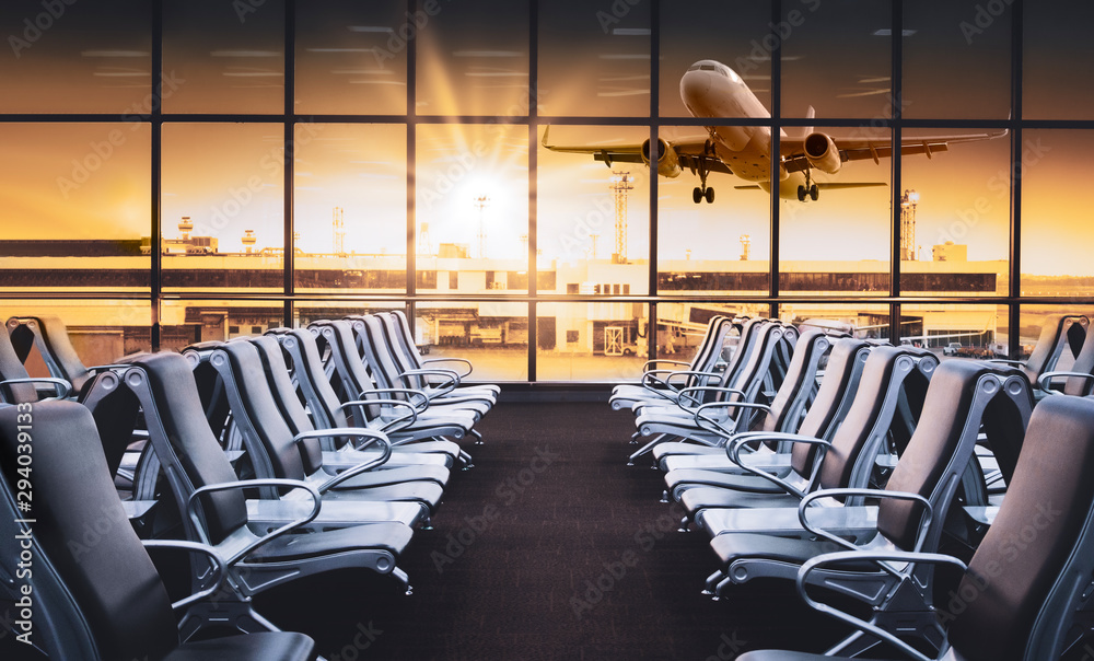 Empty airport terminal lounge with airplane on background. Modern ...
