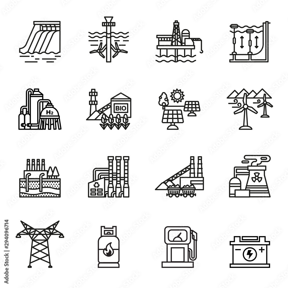 Energy industry icons set. different kinds enterprise, thin line design ...