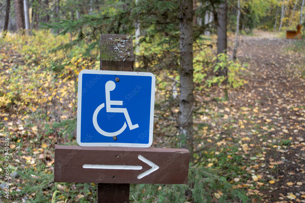 handicap sign for the forest hiking trail, trail direction in Kamloops ...
