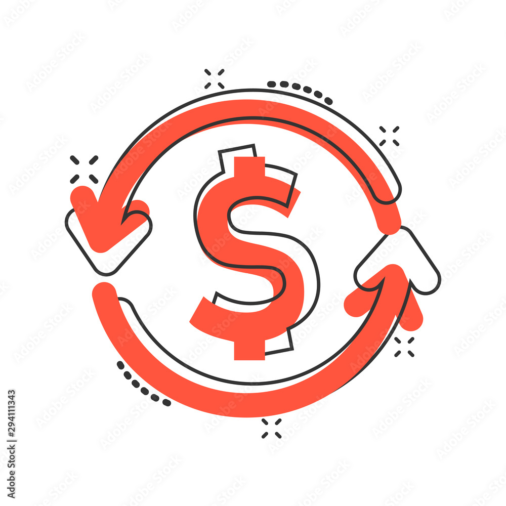 Vector cartoon money dollar with arrow icon in comic style. Exchange ...