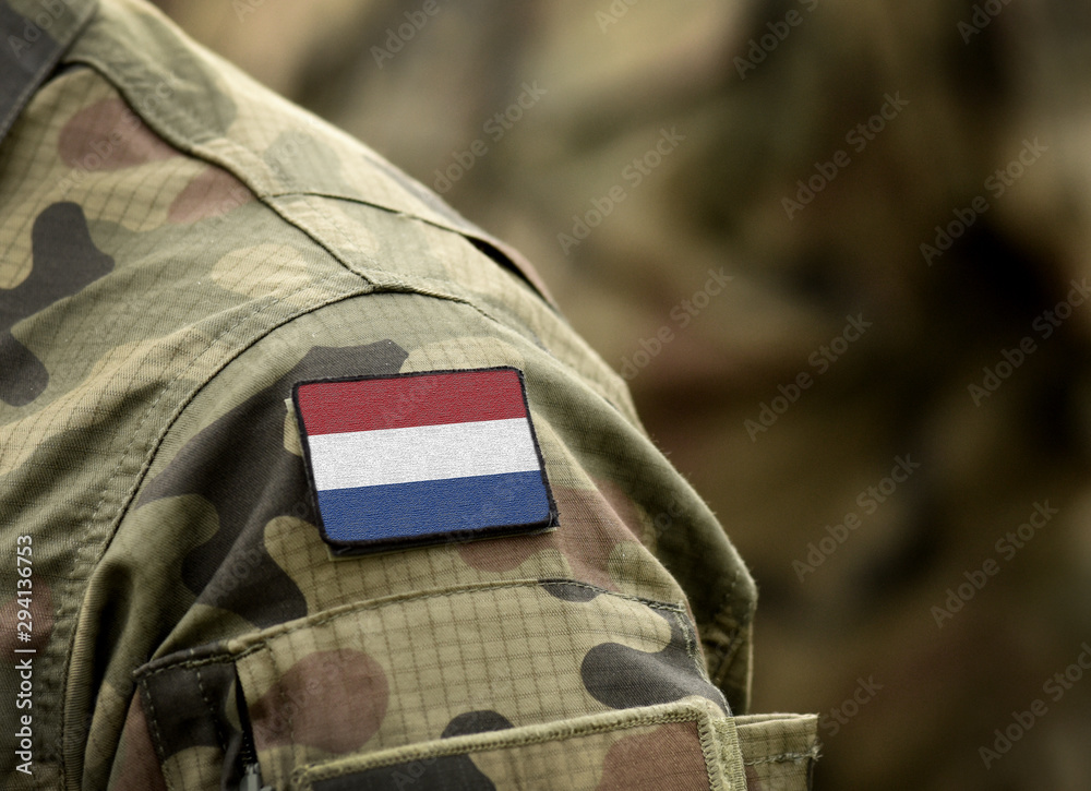 Flag of Netherlands on military uniform (collage). Stock Photo | Adobe ...