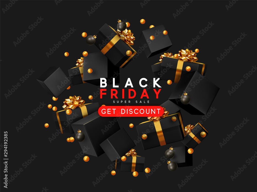 Black Friday Sale. Background with realistic gift boxes. 3d cubes and ...
