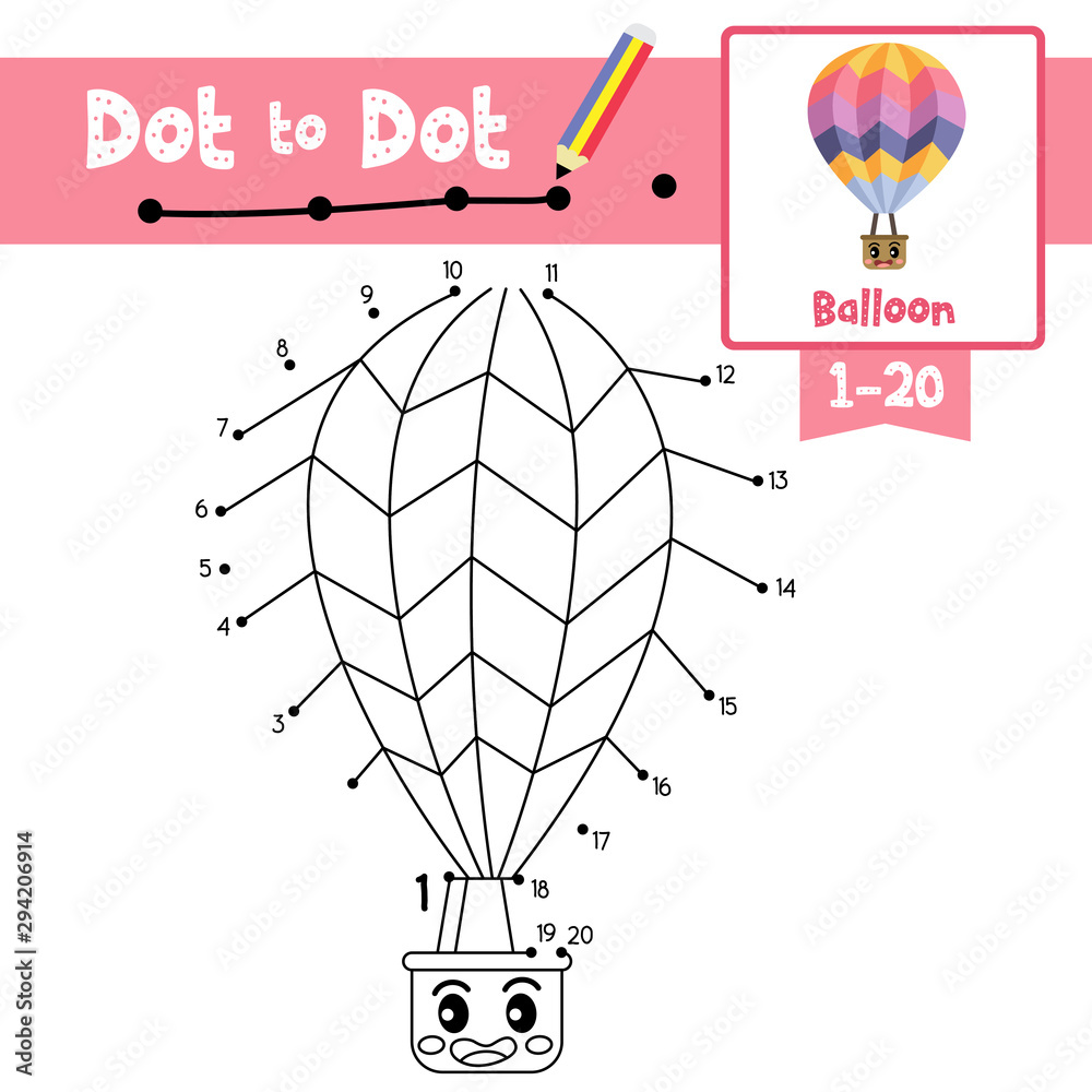 Dot to dot educational game and Coloring book Balloon cartoon character ...