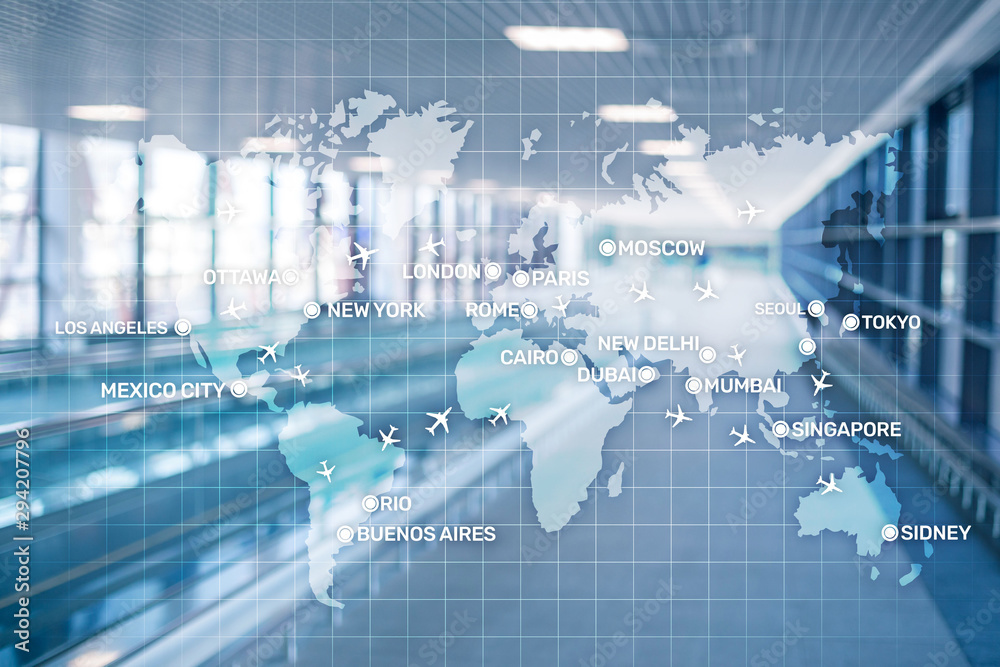 Aviation wallpaper with planes over the map with major city names ...