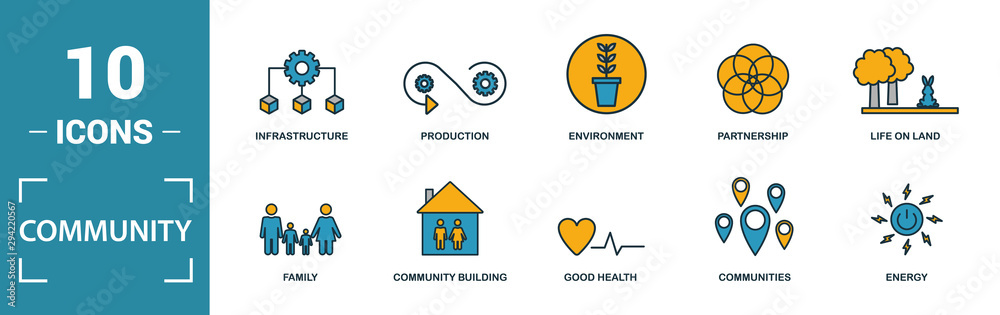 Community icon set. Include creative elements family, gender equality ...