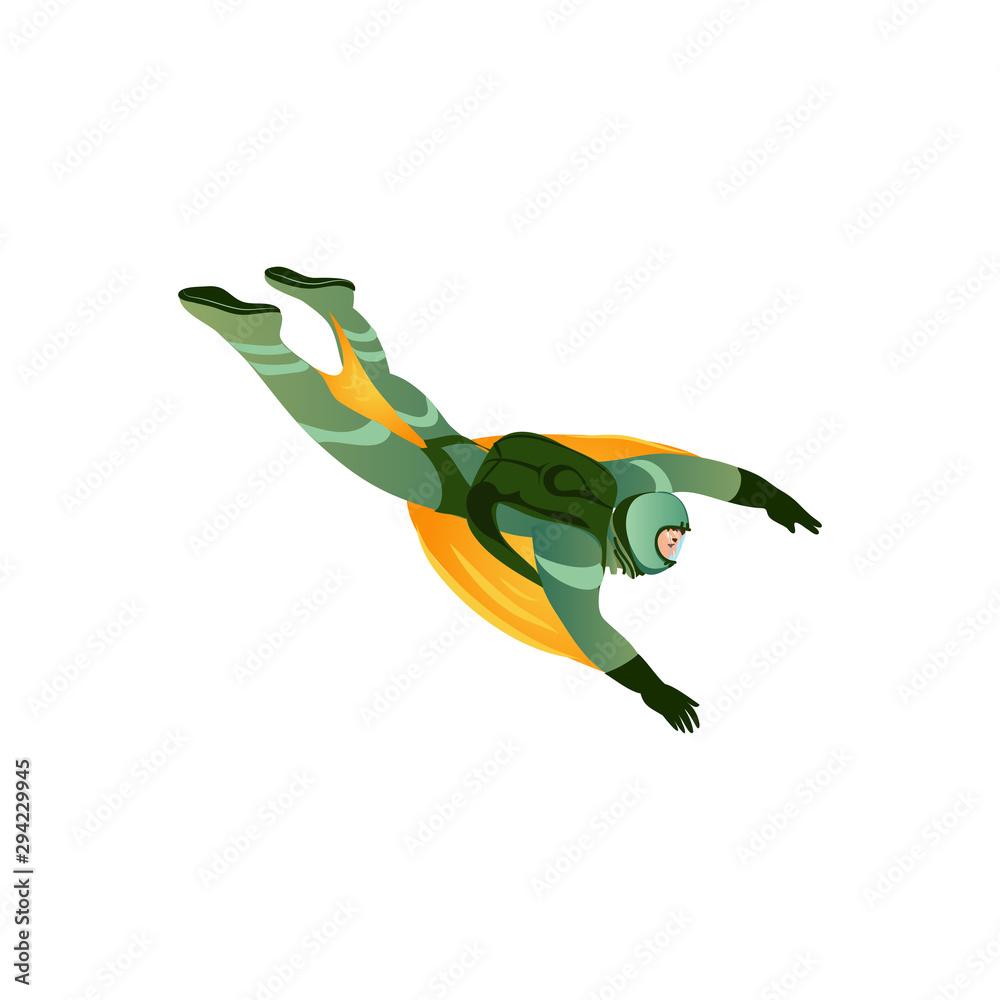 Wingsuit man flying through the air vector illustration in a flat ...