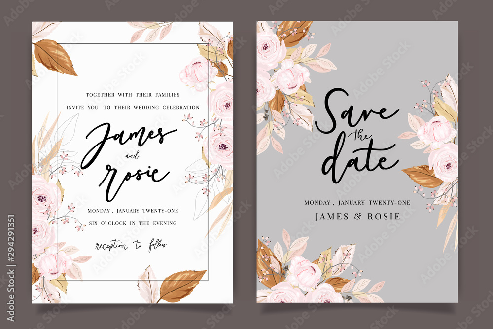Autumn and fall Flower Wedding Invitation set, floral invite thank you ...