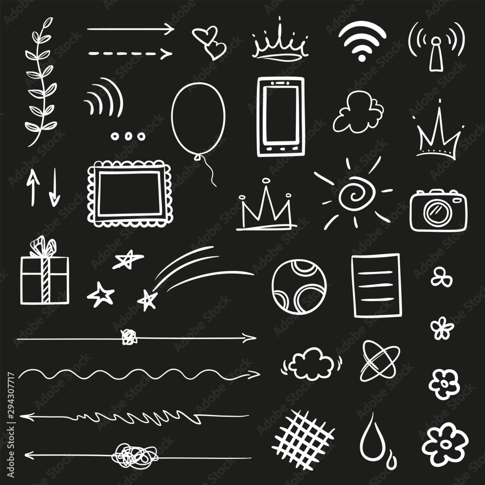 Hand drawn sketchy elements on isolated black background. Simple things ...