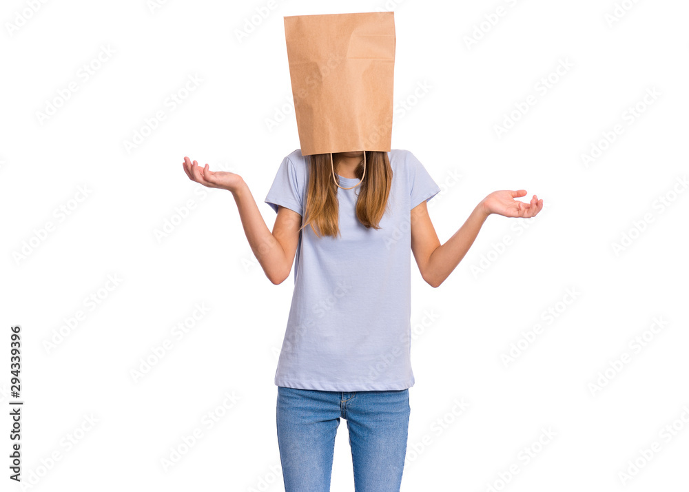 Teen girl with paper bag over her head showing helpless gesture with ...