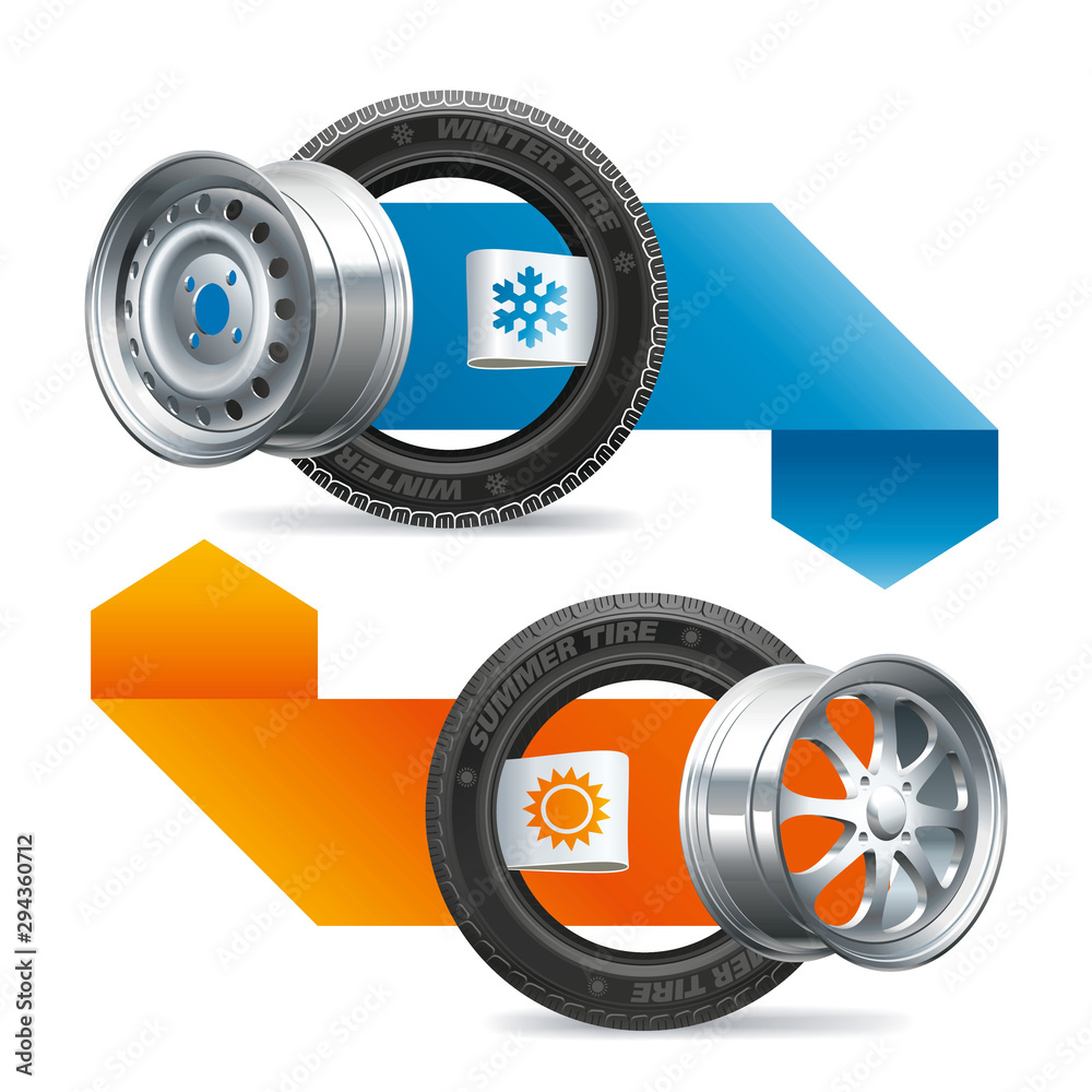 Car tires with labels indicating the season of use summer and winter in ...