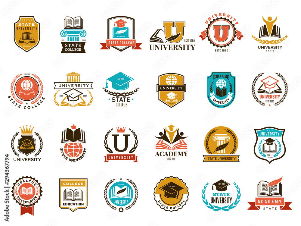 College emblem. School or university identity symbols badges and logo ...