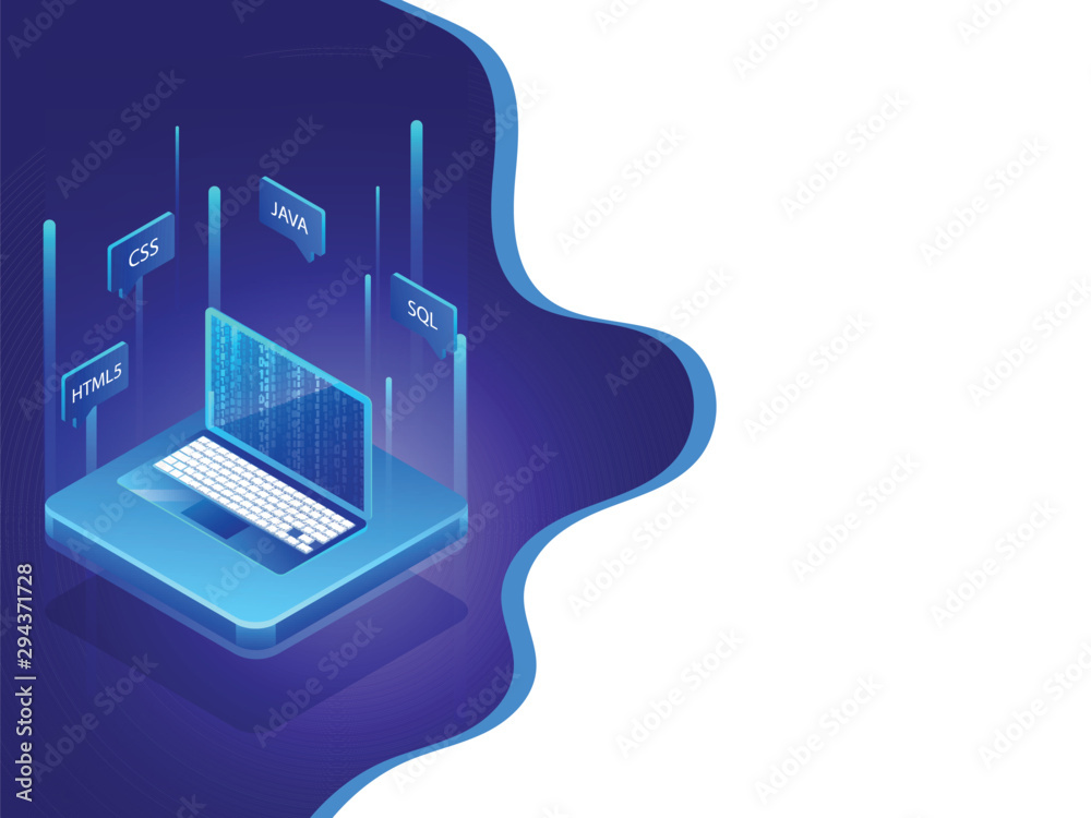 3D illustration of laptop with different coding languages signs on ...