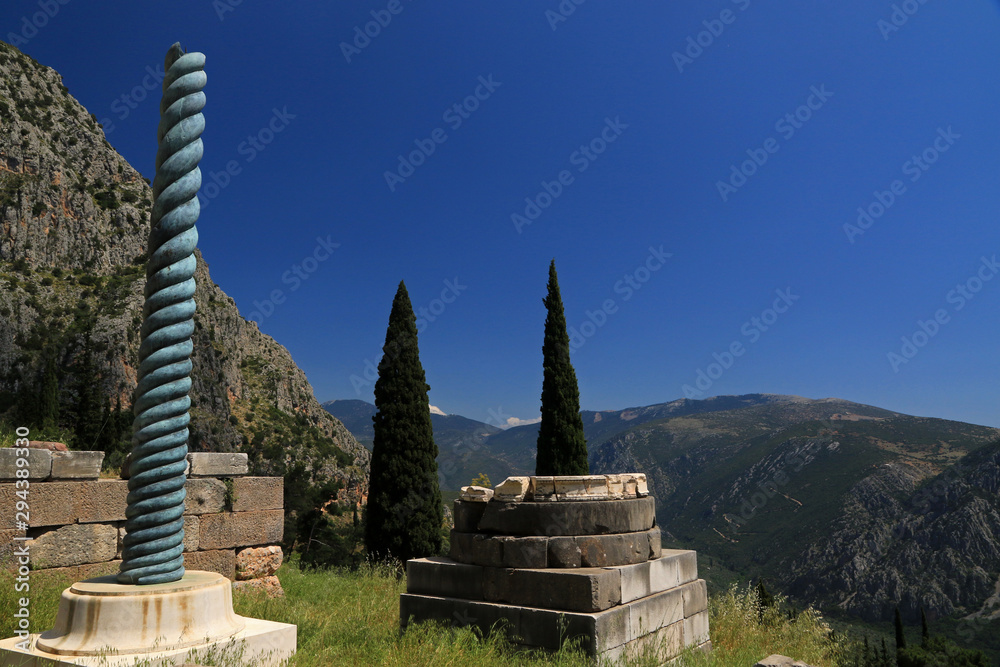Replica of the Serpent Column, Delphi, Valley of Phocis, Greece Stock ...